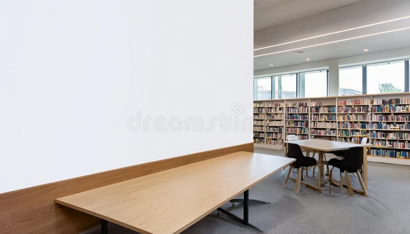 White Public Library Reading Room Corner with Table and Blank Wall ...