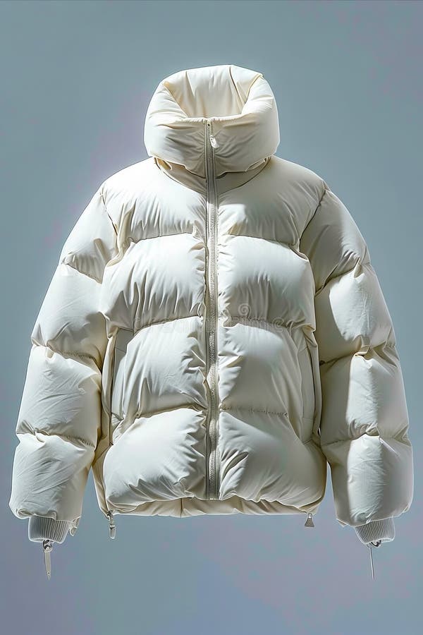A White Puffer Jacket with Hood and Zipper Stock Image - Image of puffy ...