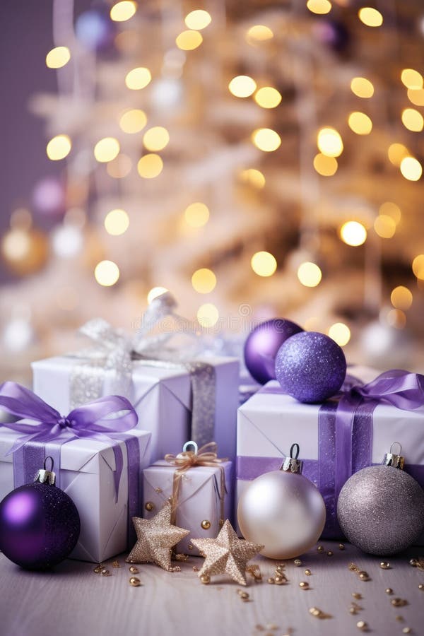 White and Purple Christmas Balls and Christmas Gift Boxes Stock ...