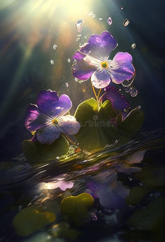 White-purple Violets Under Water in Rays of Light. AI Generated Stock ...