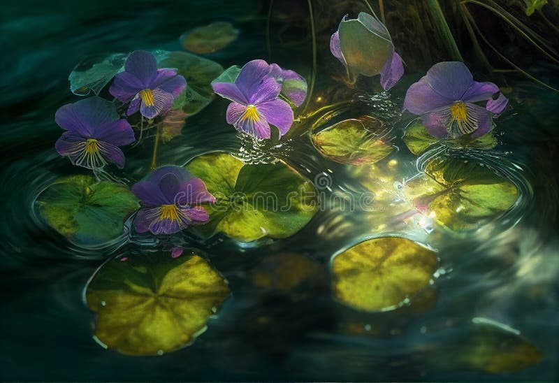 White-purple Violets Under Water in Rays of Light. AI Generated Stock ...