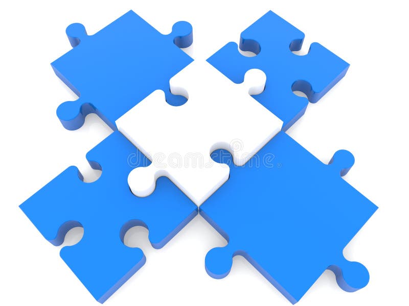 White Puzzle in Center between Four Blue Puzzle Pieces Stock ...