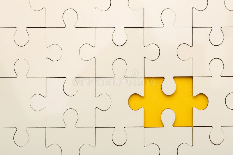 White Puzzle with Missing Piece on Yellow Background, Top View Stock ...