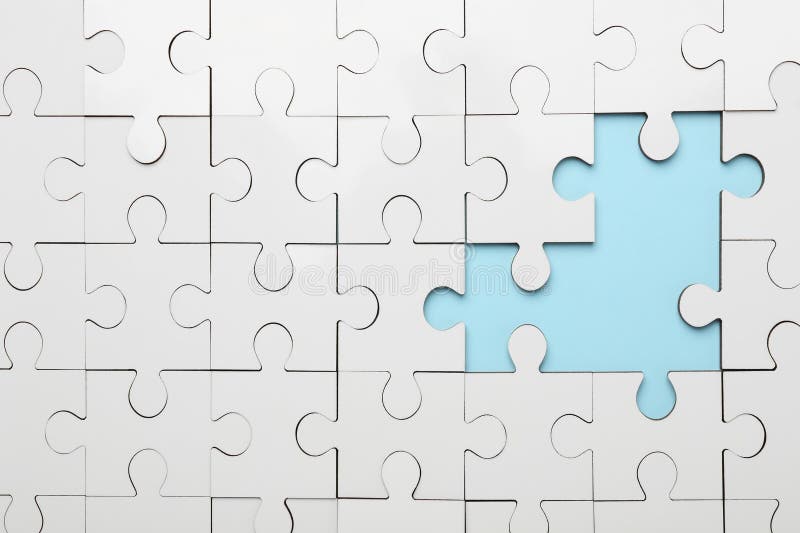 White Puzzle with Missing Pieces on Light Blue Background, Top View ...
