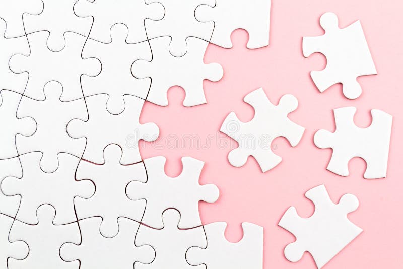 White Puzzle Over Pink Backround with Missing Pieces. Incomplete ...
