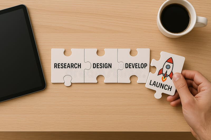 White Puzzle Pieces Arranged Linearly To Represent the Sequence of Research, Design, Development ...