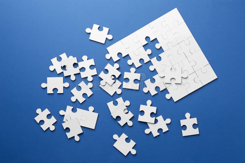 White Puzzle Pieces on Blue Background, Top View Stock Image - Image of ...