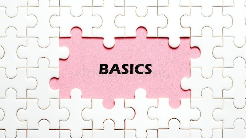 "White Puzzle Pieces with a Missing Section Revealing the Word BASICS ...