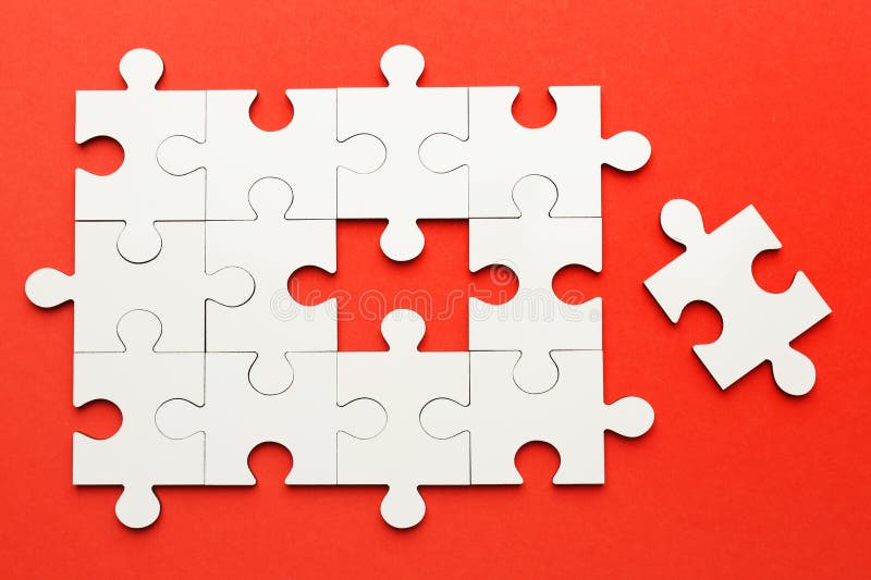 White Puzzle Pieces on Red Background, Top View Stock Photo - Image of ...