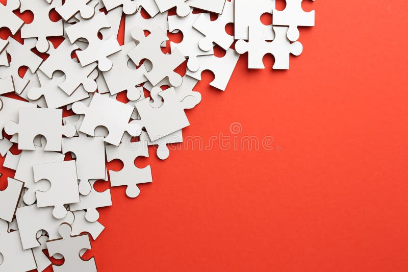 White Puzzle Pieces on Red Background, Top View. Space for Text Stock ...