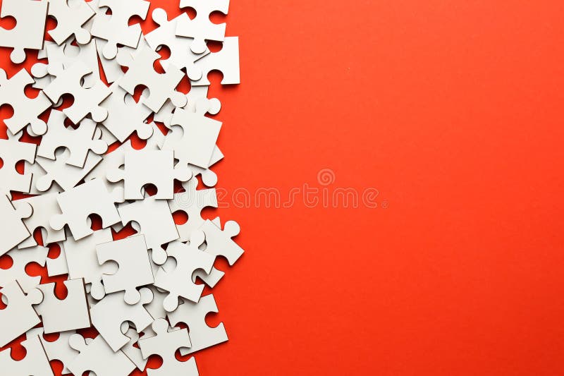 White Puzzle Pieces on Red Background, Top View. Space for Text Stock ...