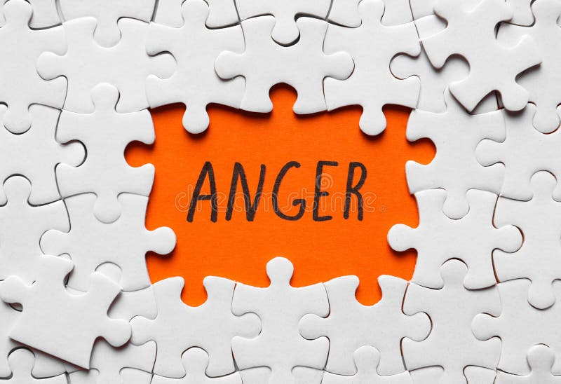 White Puzzle Pieces and Word ANGER Written on Orange Background, Flat ...
