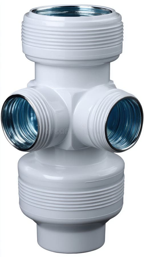 White PVC Pipe Connector Fitting with Multiple Threaded Ports on White ...