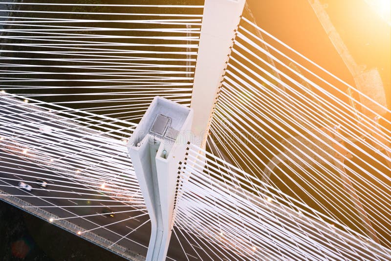 White Pylons of the Bridge Illuminated at Dusk Top View Stock Photo ...