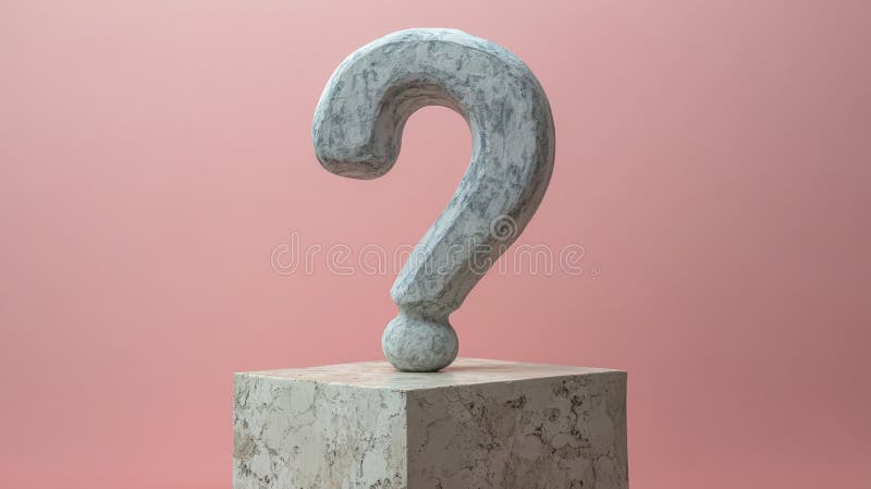 White Question Mark Sculpture on a Beige Pedestal Against a Pink ...