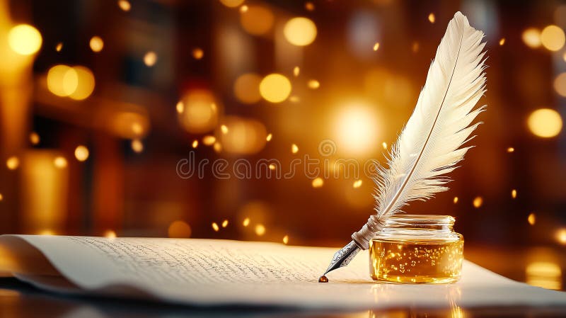 A White Quill Pen Rests by an Ink Jar on Parchment, Lit Warmly ...