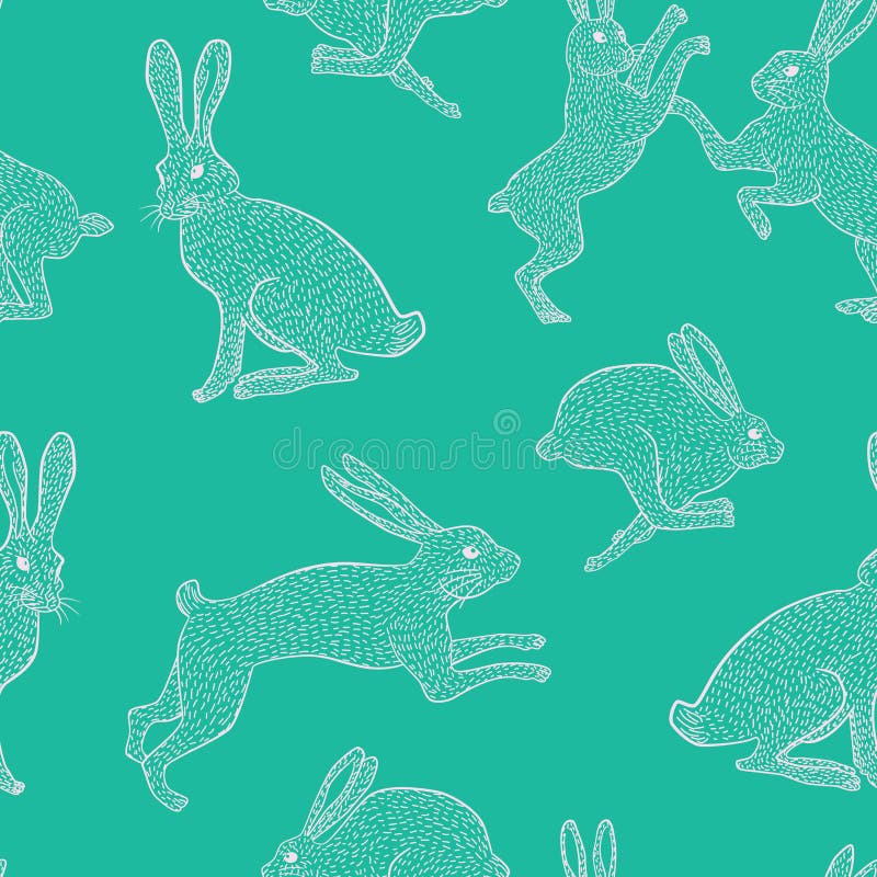 White Quirky Bunny Rabbit Repeat Pattern on Plain Green/blue Background ...