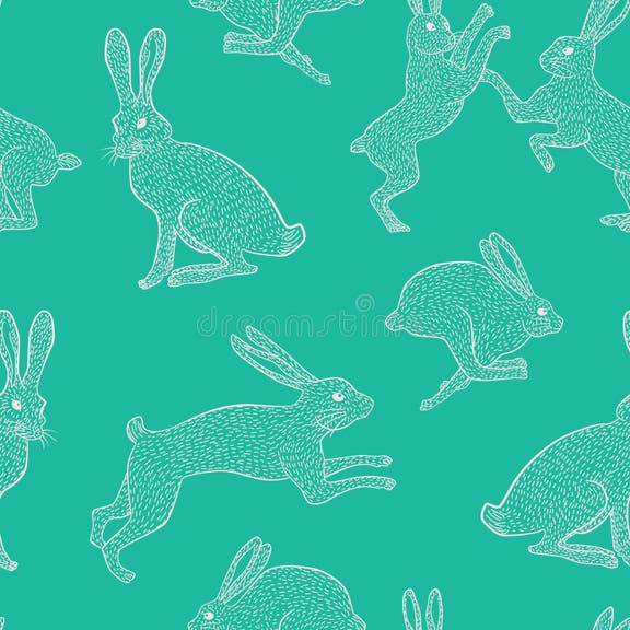 White Quirky Bunny Rabbit Repeat Pattern on Plain Green/blue Background ...