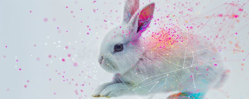 White Rabbit with Abstract Colorful Digital Effects on White Background ...