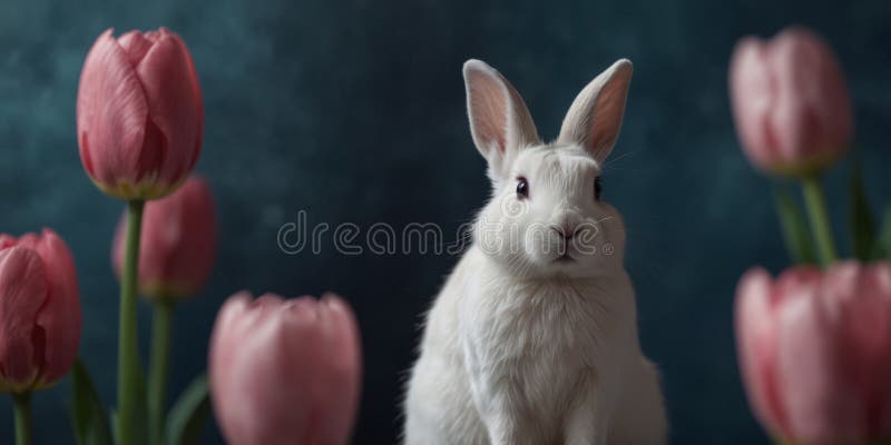 White Rabbit Admiring Pink Tulip on Blue Background. Stock Image ...