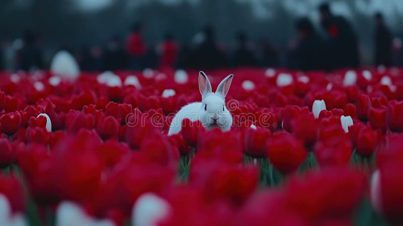 White Rabbit Amidst Red Tulips, Park Crowd Background, Spring Stock ...