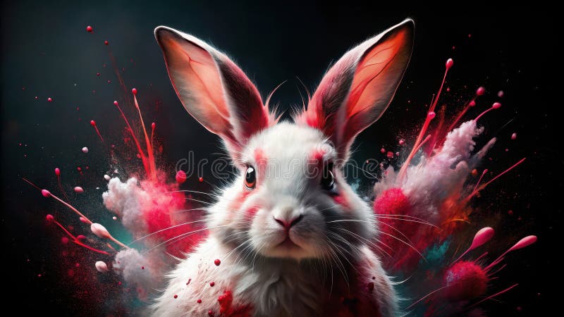 A White Rabbit Amidst a Vibrant Explosion of Color, a Surreal and ...