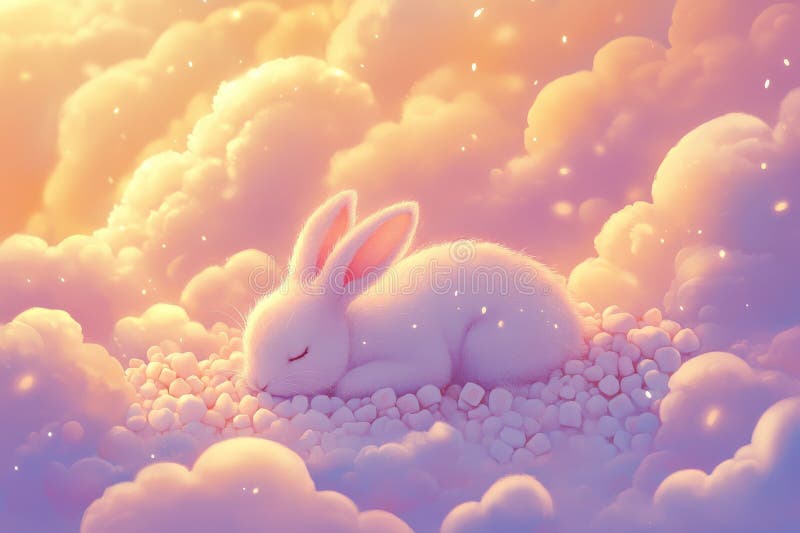 White Rabbit Asleep in a Bed of Clouds Stock Illustration ...