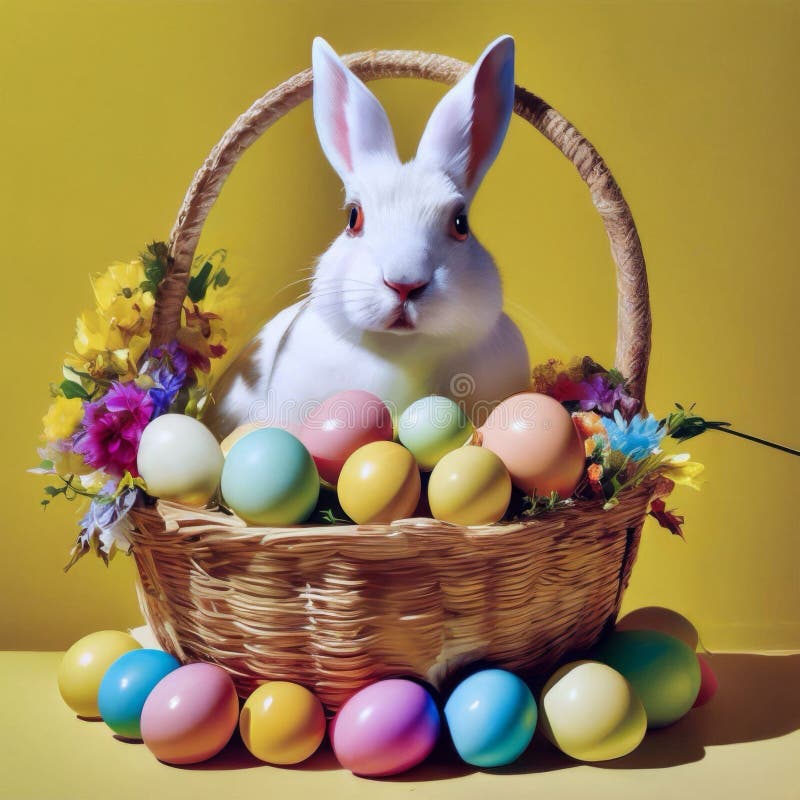 White Rabbit in a Basket with Colored Eggs in a Field with Daisies for ...