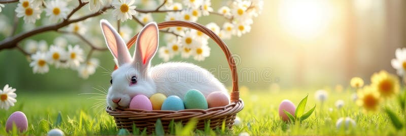 White Rabbit in Basket with Colorful Easter Eggs in Spring Garden Stock ...