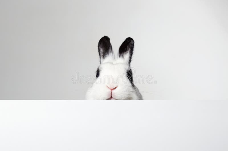 White Rabbit with Black Ears and Eyes. Funny Fluffy Rabbit Stock Photo ...