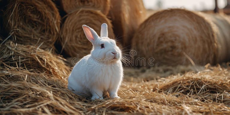 A White Rabbit with Black Ears is Standing in Front of a Pile of Hay ...