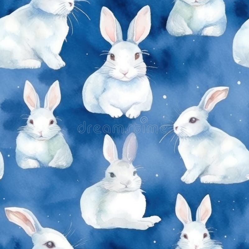 White Rabbit on a Blue Background, a Watercolor Seamless Pattern Stock ...
