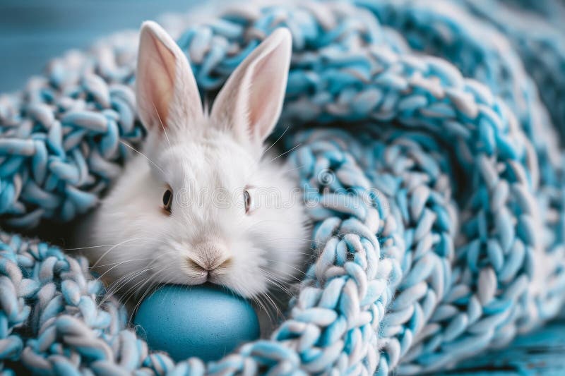 White Rabbit with Blue Egg on Teal Studio Backdrop Stock Illustration ...