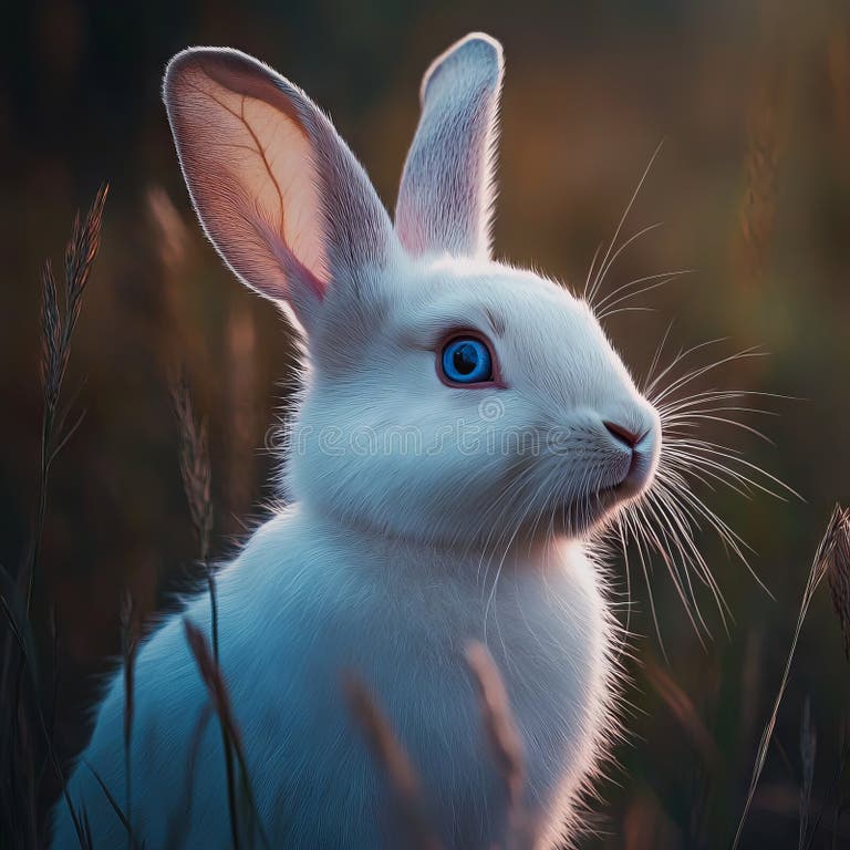A White Rabbit with Blue Eyes Sitting in Tall Grass Stock Photo - Image ...