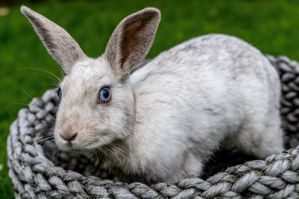 White Rabbit with Blue Eyes in Woven Basket on Grass Stock Photo ...