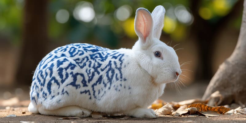 White Rabbit with Blue Pattern on Fur Resting on Ground in Natural ...
