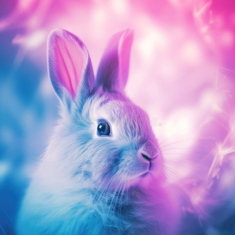 A White Rabbit with Blue and Pink Lights, AI Stock Photo - Image of ...