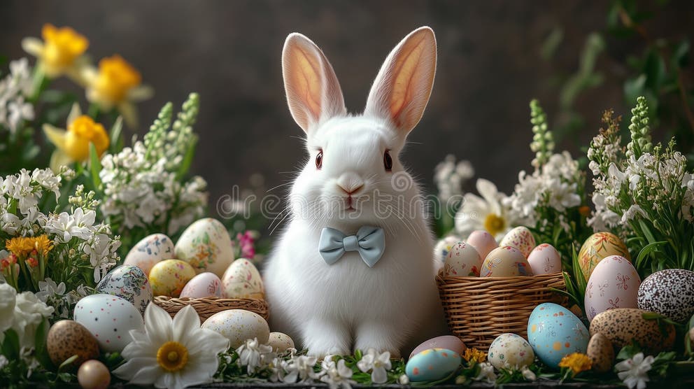 White Rabbit in Bow Tie with Easter Egg Collection. Stock Image - Image ...