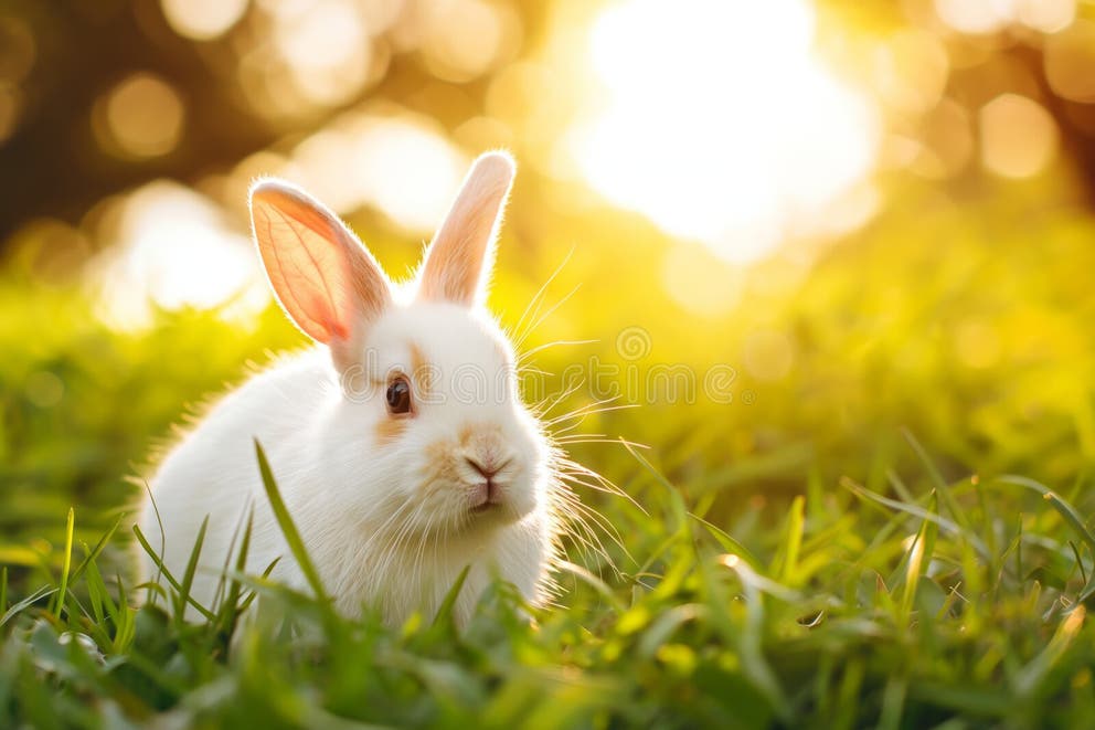 A White Rabbit with Brown Ears Sits in the Grass during Sunset. Stock ...