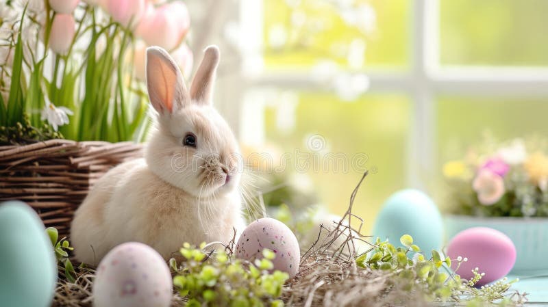 White Rabbit Sitting in Basket, Surrounded by Easter Eggs Stock Image ...