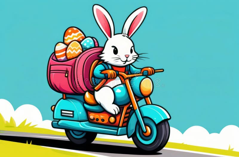 A White Rabbit Carries Easter Eggs in His Backpack Behind His Back on a ...