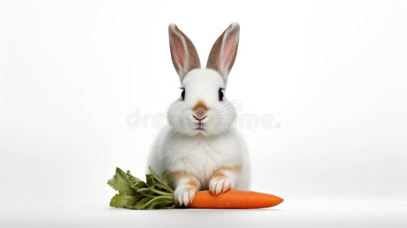 White Rabbit and Carrot on a White Background. with Copy Space. Easter ...