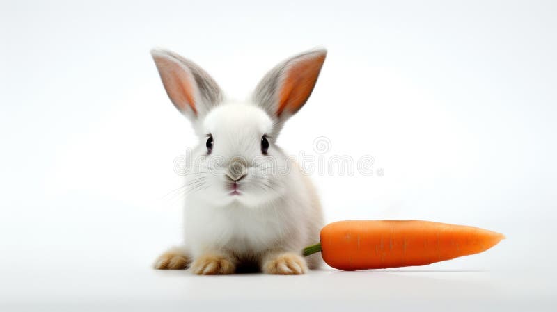 White Rabbit and Carrot on a White Background. with Copy Space. Easter ...