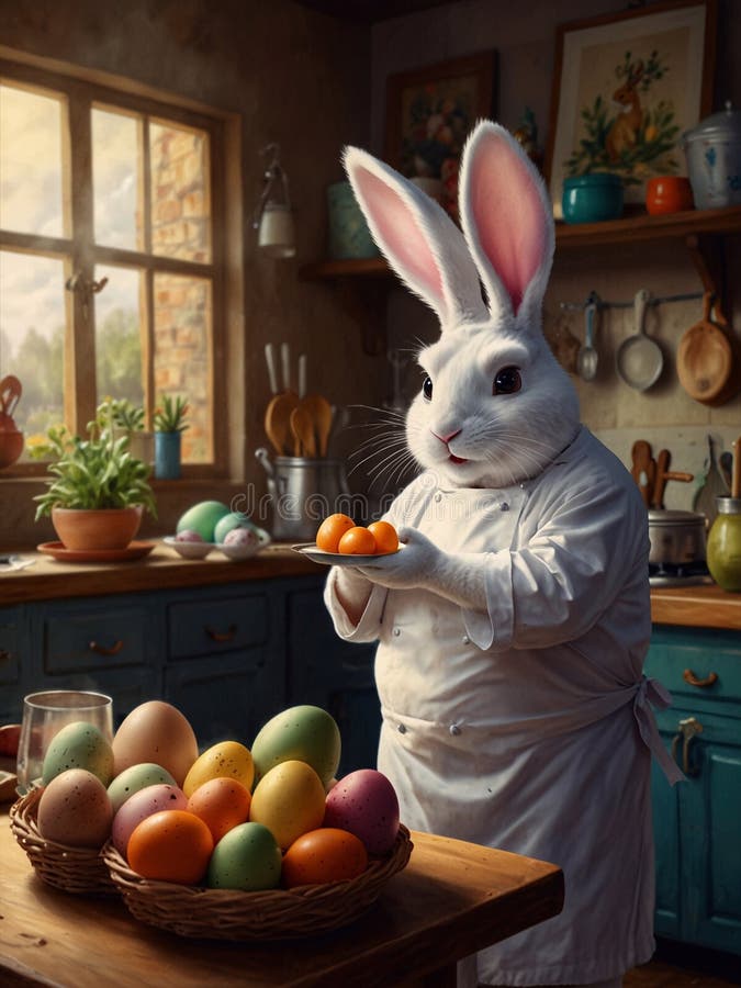 White Rabbit in Chef S Clothes Stands in the Kitchen. Easter Bunny ...
