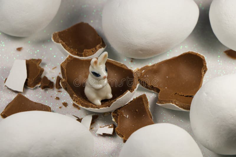 White Rabbit in Chocolate Candy Easter Eggshells Stock Photo - Image of ...