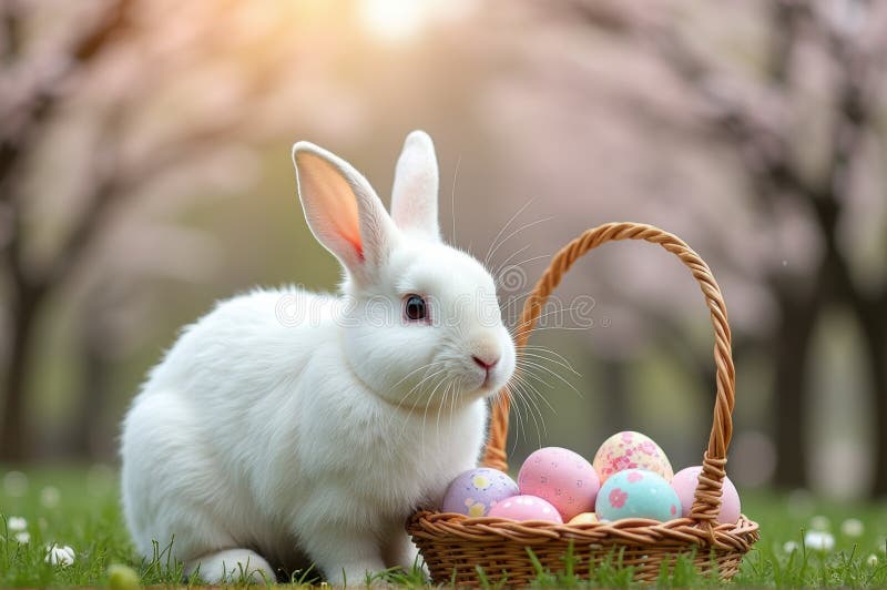 White Rabbit with Colorful Easter Eggs in Basket on Grass Stock Image ...