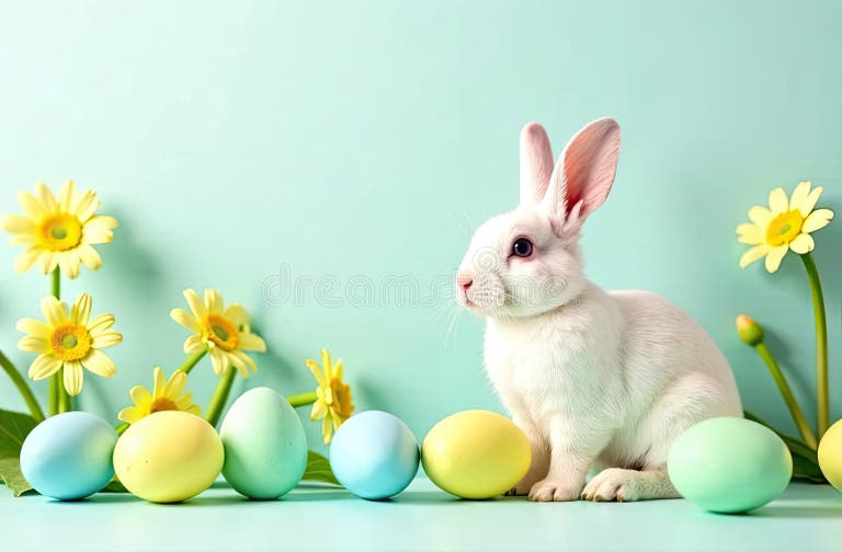 White Rabbit with Colorful Eggs and Flowers in Spring Setting Stock ...