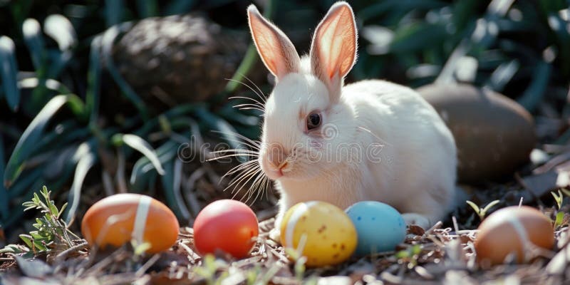 White Rabbit with Colorful Eggs Stock Photo - Image of generated ...