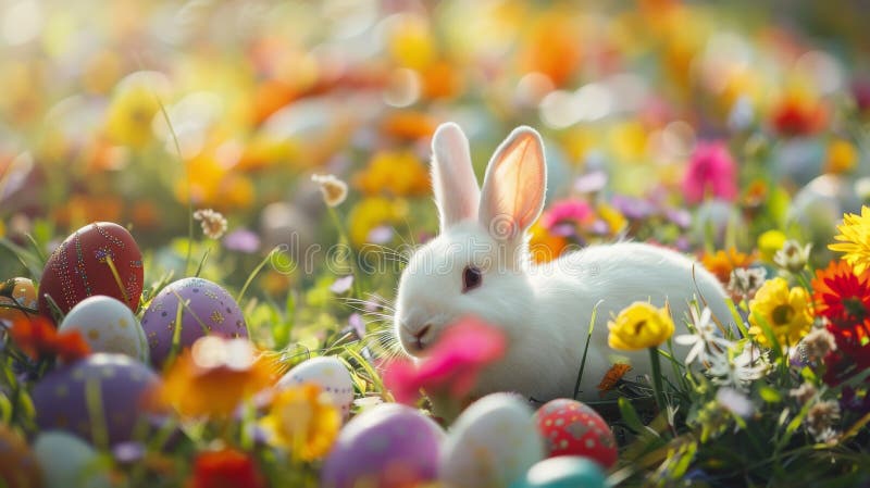 White Rabbit in Colorful Meadow with Easter Eggs, Springtime ...