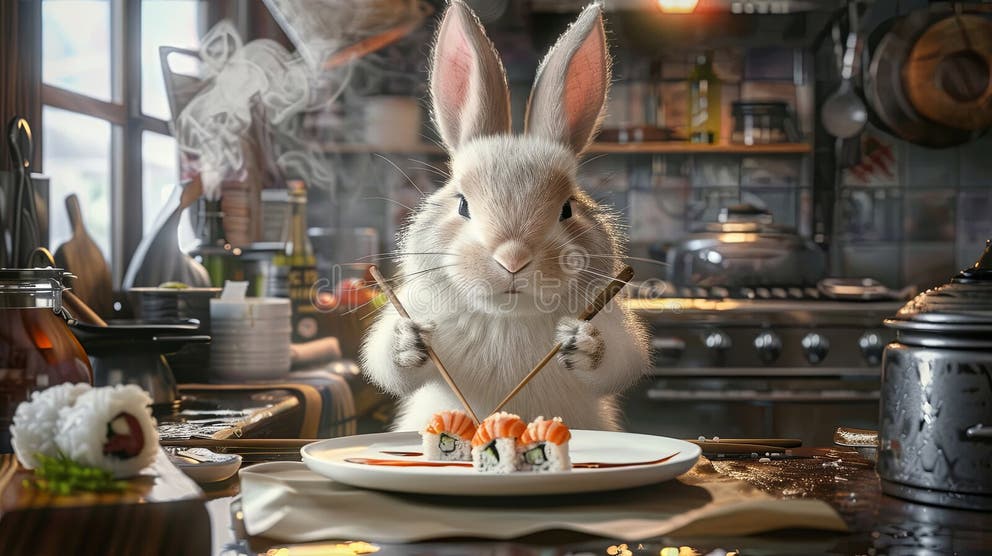 White Rabbit Cooking Sushi, Easter Food Stock Illustration ...